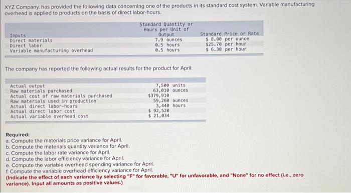 Solved XYZ Company. has provided the following data | Chegg.com