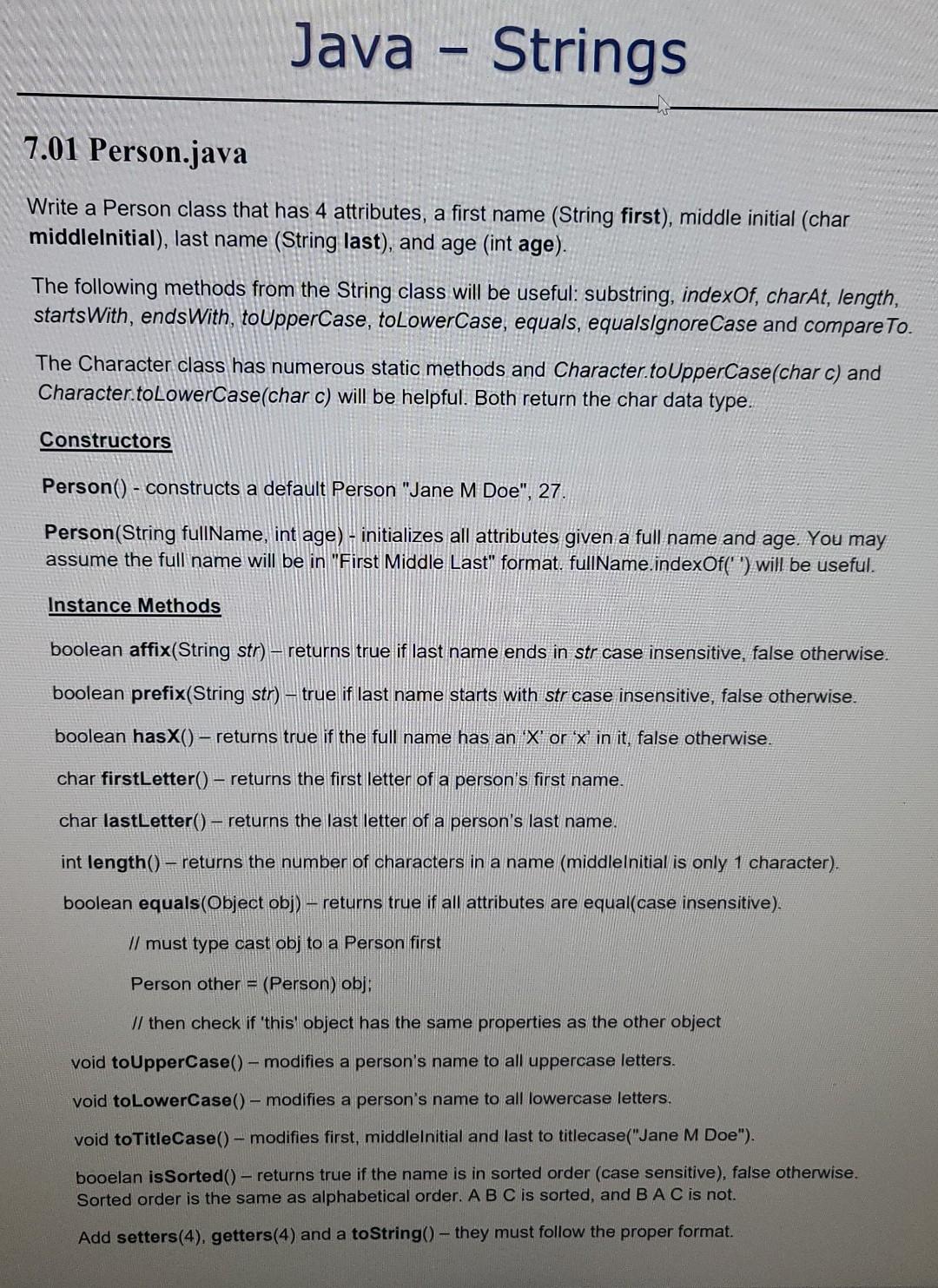 Solved Java - Strings 7.01 Person.java Write a Person class | Chegg.com