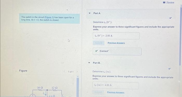 Solved The switch in tho circuit (Eigure.1) has beon open | Chegg.com