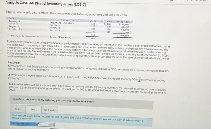 Analysis Case 9.6 (Static) Inventory errors [LO9.7] | Chegg.com