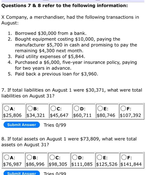 Solved Questions 7&8 refer to the following information: X | Chegg.com