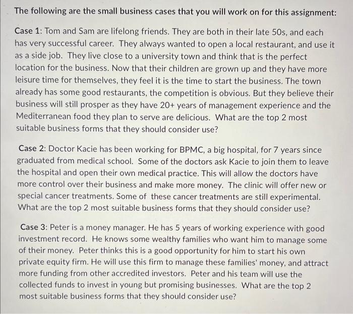 Solved The following are the small business cases that you | Chegg.com