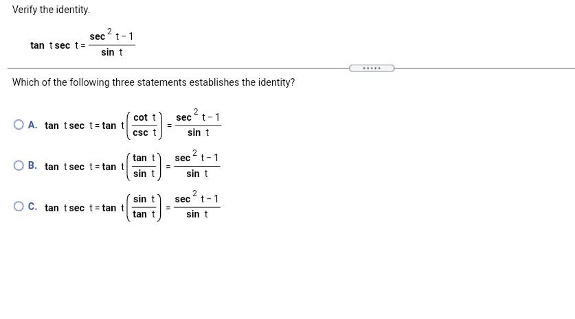 Solved Verify the identity. 2 sec?t-1 tan tsec t = sint | Chegg.com