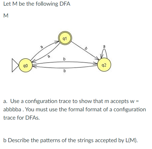 Solved Let M ﻿be the following DFAMa. ﻿Use a configuration | Chegg.com