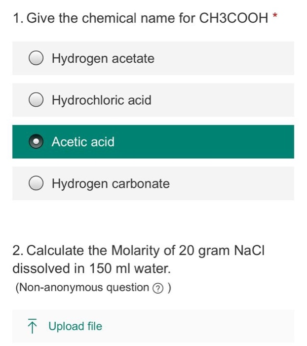 Solved 1. Give the chemical name for CH3COOH * O Hydrogen | Chegg.com