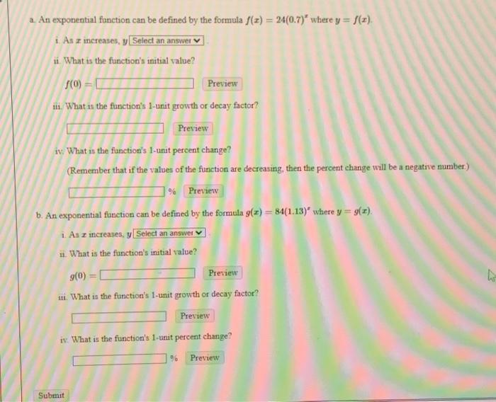 Solved An exponential function can be defined by the formula | Chegg.com
