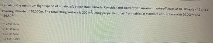 Solved Calculate the minimum flight speed of an aircraft at | Chegg.com