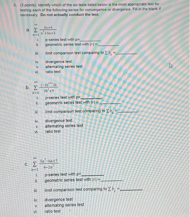 Solved calc 2 determine the appropriate test to use to slove | Chegg.com