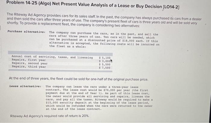 Solved Problem 14-25 (Algo) Net Present Value Analysis of a | Chegg.com