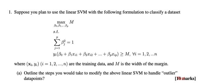 Suppose you plan to use the linear SVM with the | Chegg.com