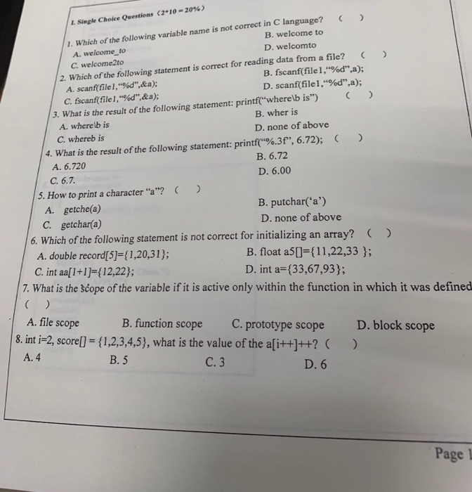 Solved L. Single Choice Questions (2-10-20%) 1. Which of the | Chegg.com