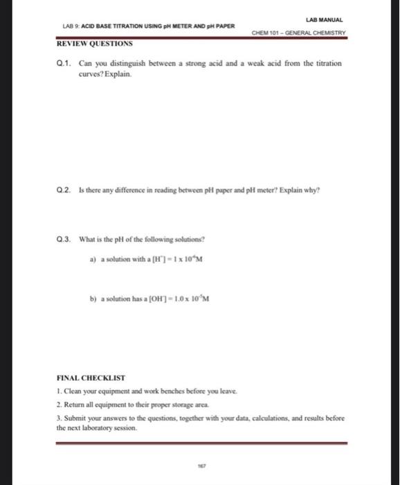 Solved LAB MANUAL LAB : ACID BASE TITRATION USING PH METER | Chegg.com