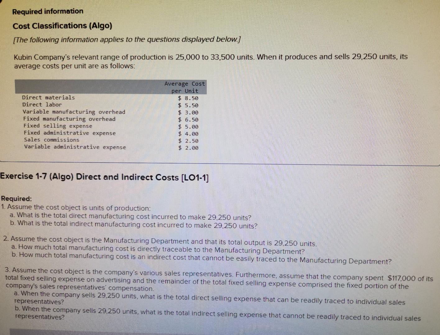 Solved Required information Cost Classifications (Algo) [The | Chegg.com