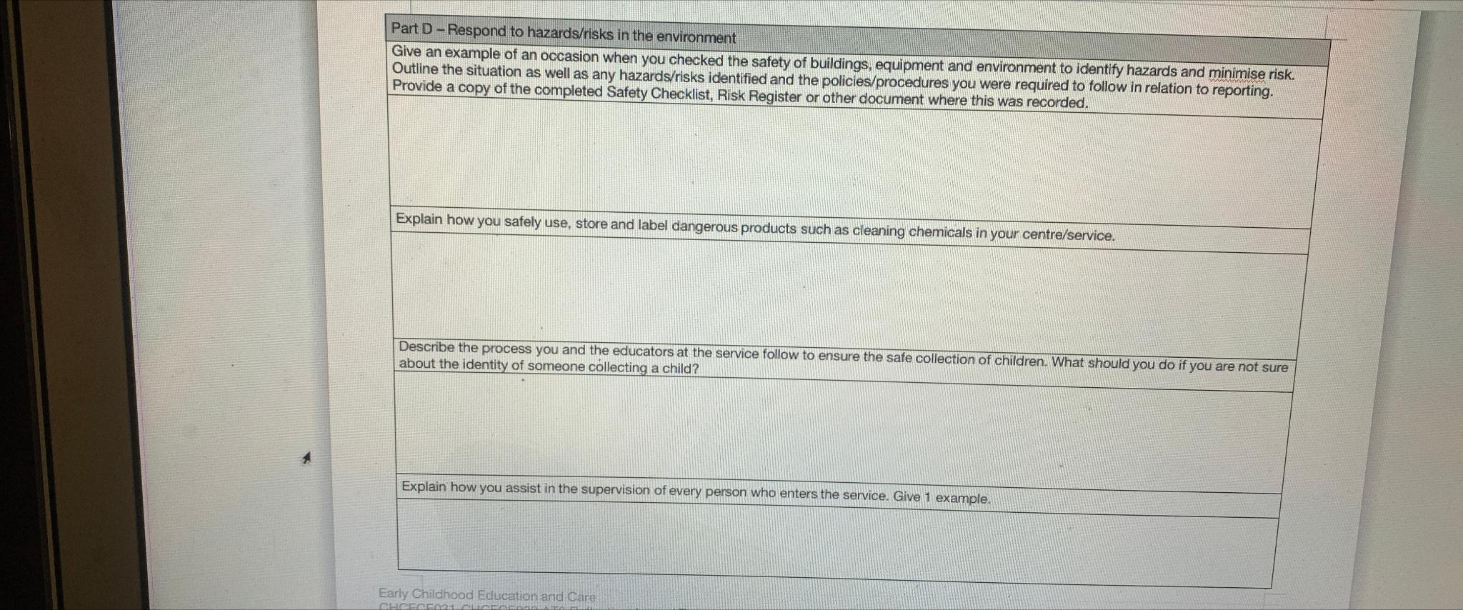 Solved Part D - ﻿Respond to hazards/risks in the | Chegg.com