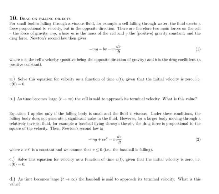 Solved 10. Drag on FaLling OBJECTS For small bodies falling | Chegg.com