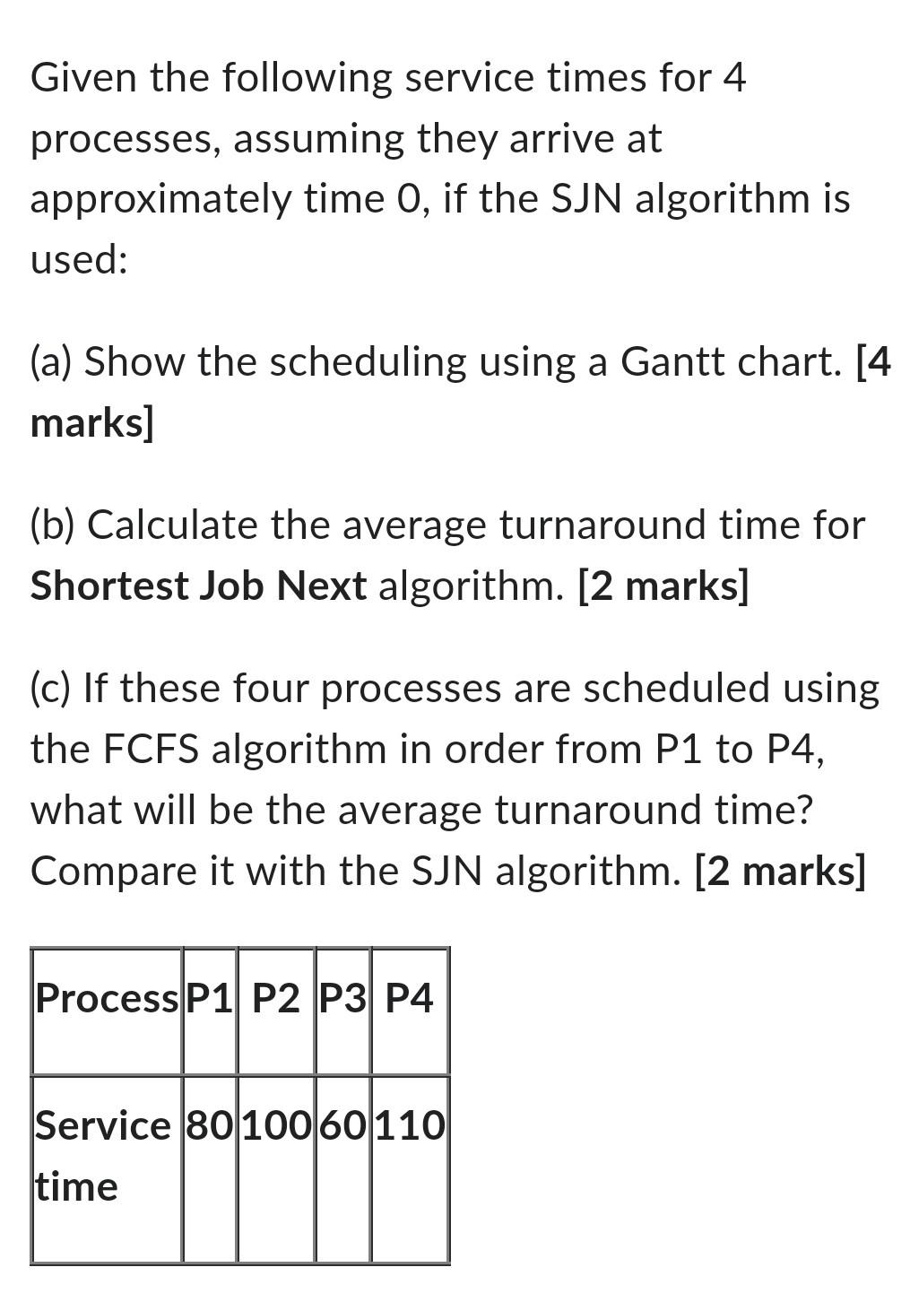 Solved Given the following service times for 4 processes, | Chegg.com