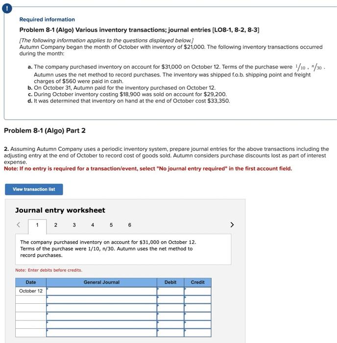 Solved Required information Problem 8-1 (Algo) Various | Chegg.com