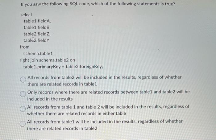 Solved select table1.fieldA, table1.fieldB, table2.fieldZ, | Chegg.com