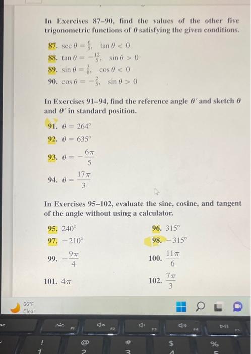 Solved In Exercises 87-90, find the values of the other five | Chegg.com