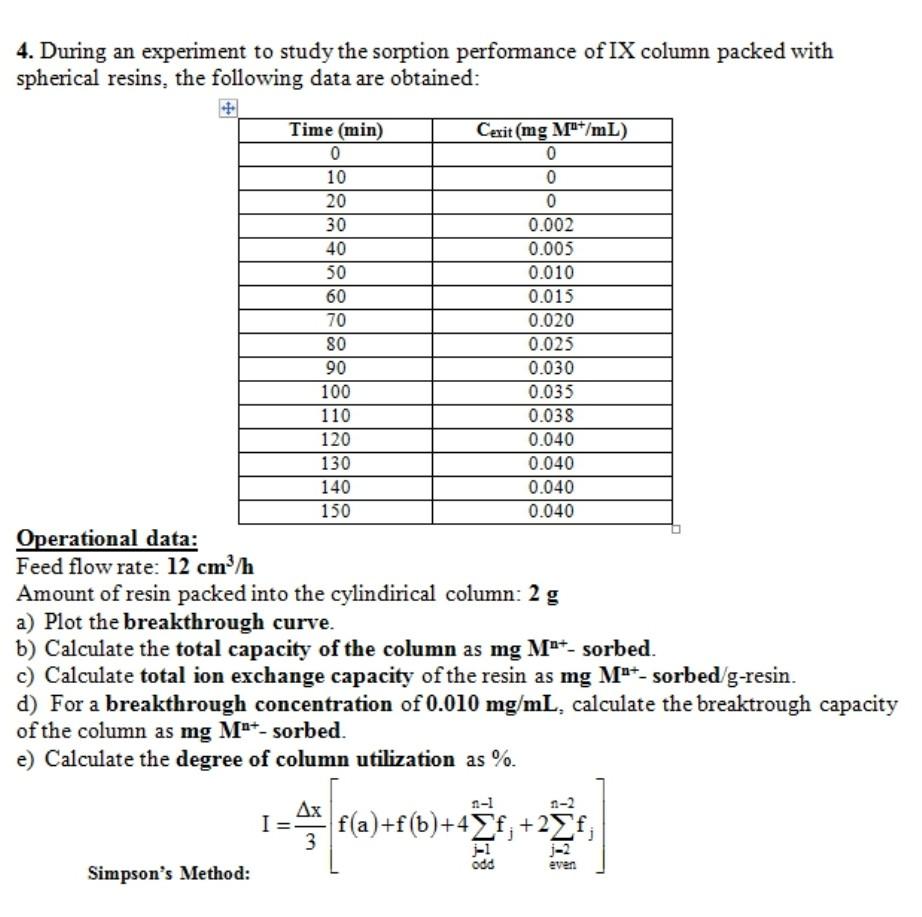 Solved 4. During an experiment to study the sorption | Chegg.com