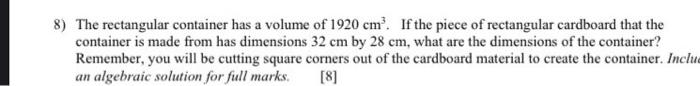 Solved 8) The rectangular container has a volume of 1920 | Chegg.com