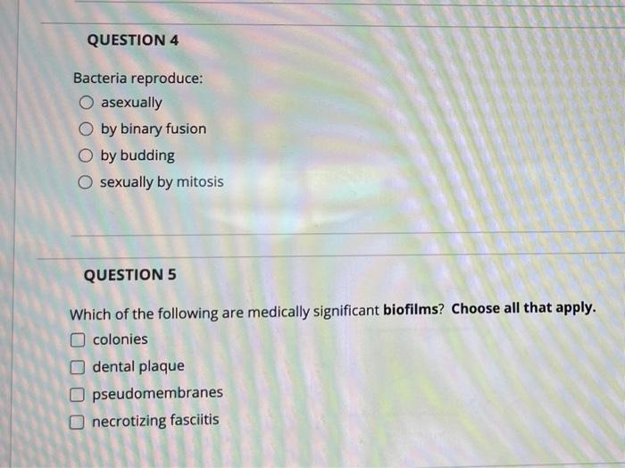 Solved QUESTION 4 Bacteria reproduce: O asexually by binary | Chegg.com
