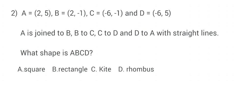 Solved 2) A = (2,5), B = (2, -1), C = (-6, -1) and D = | Chegg.com