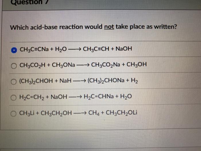 Solved Question 7 Which acid-base reaction would not take | Chegg.com