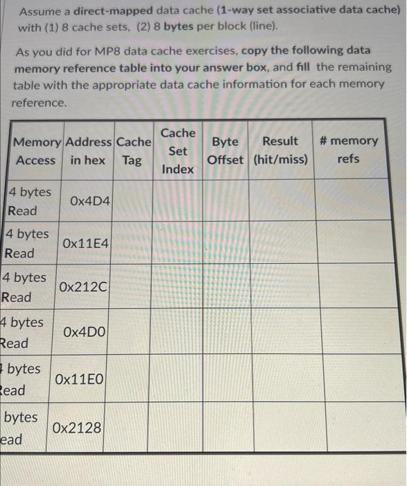 Assume a direct-mapped data cache (1-way set | Chegg.com