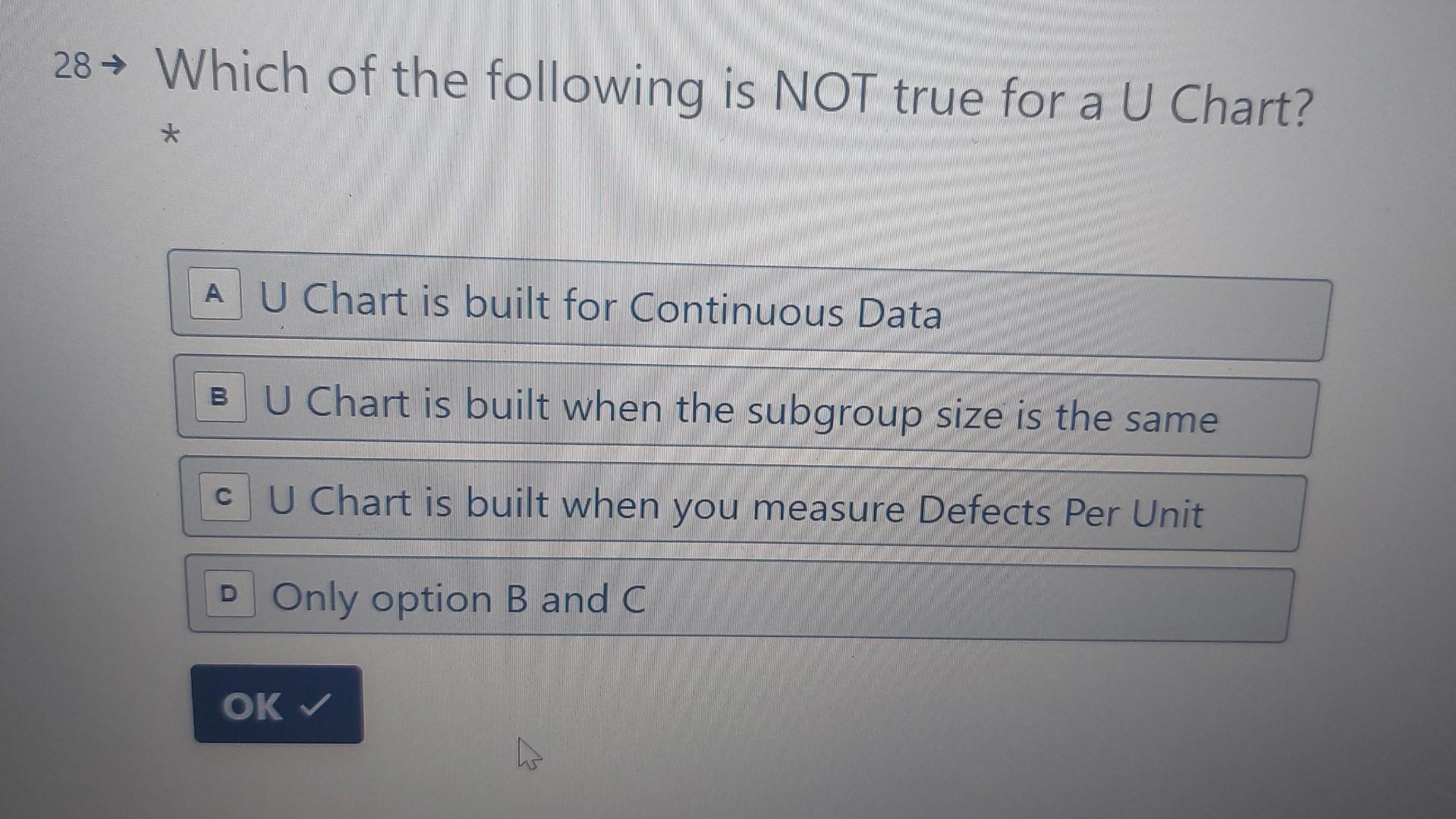 Solved 28→ Which of the following is NOT true for a U Chart? | Chegg.com