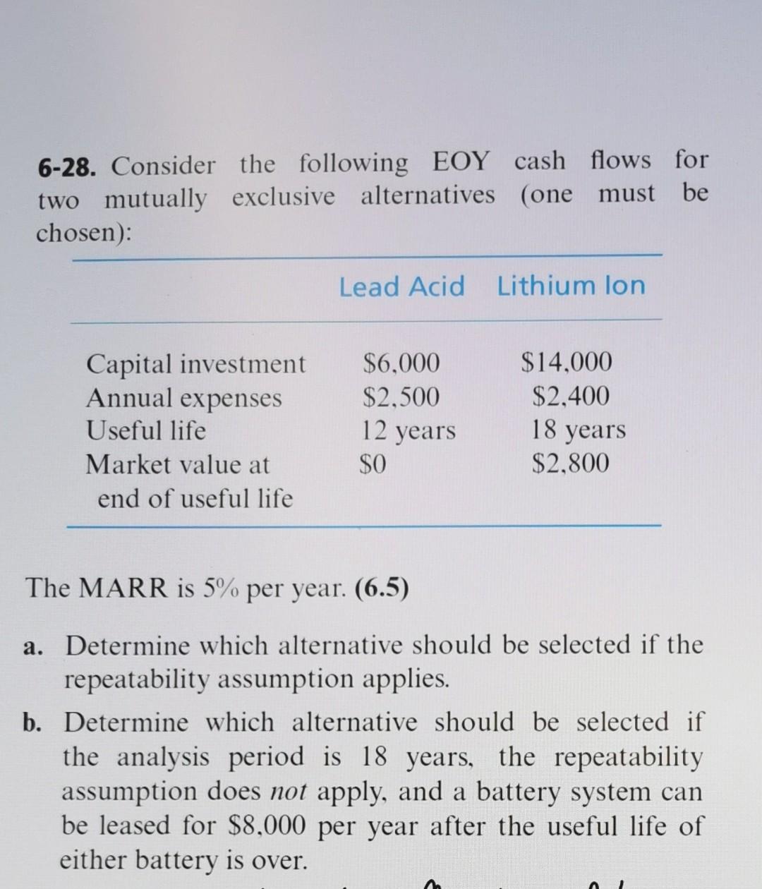 Solved 6-28. Consider the following EOY cash flows for two | Chegg.com