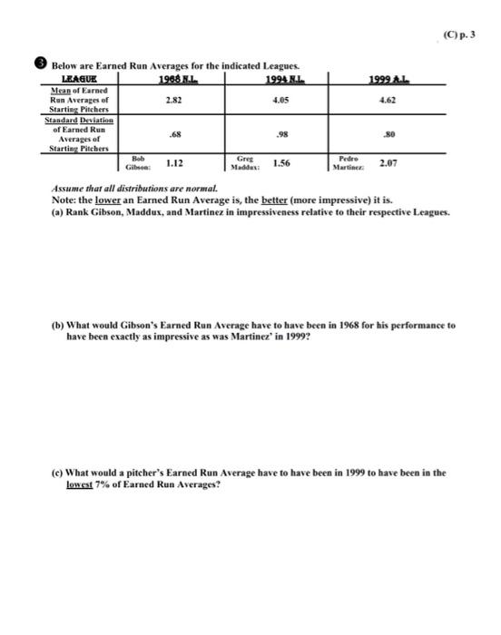 Solved (3) Below are Earned Run Averages for the indicated | Chegg.com