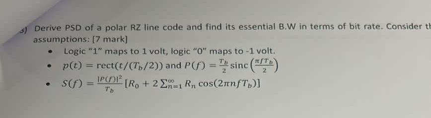 Solved Derive Psd Of A Polar Rz Line Code And Find Its