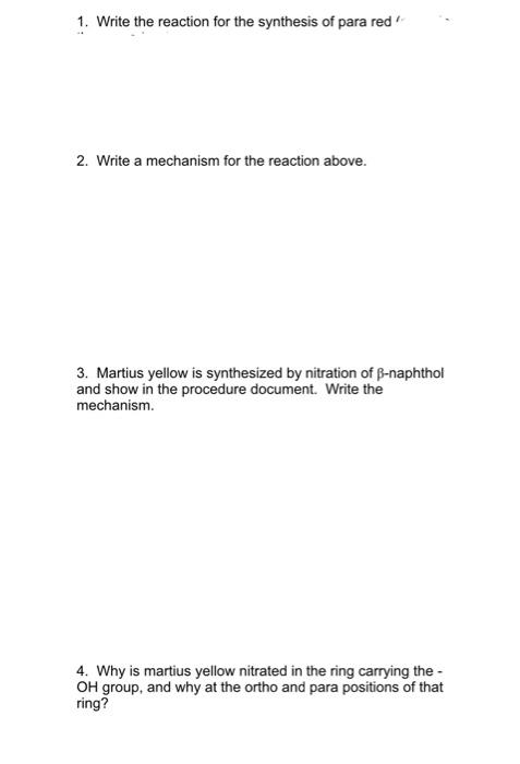 Solved 1. Write the reaction for the synthesis of para red | Chegg.com