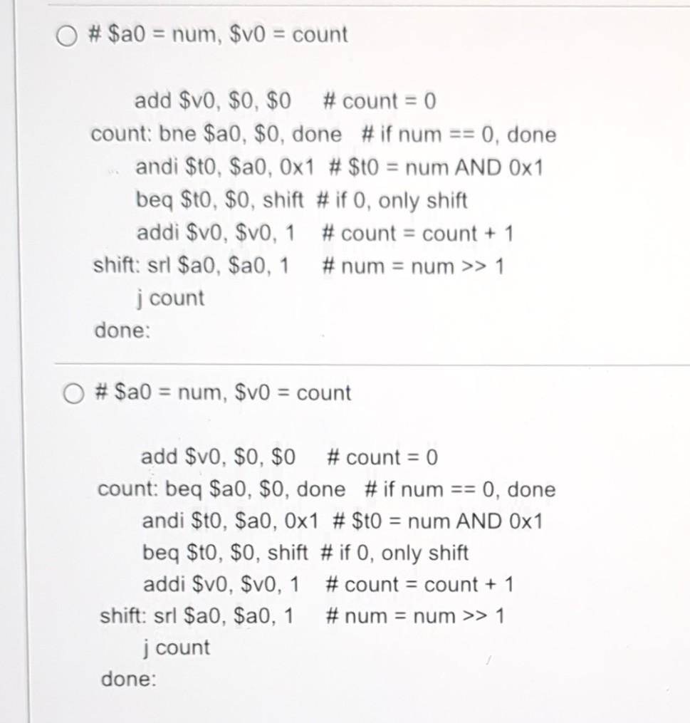 Solved #$a0= num, $v0= count add $v0,$0,$0# count =0 count: | Chegg.com