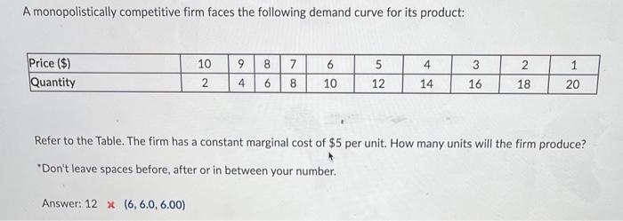 [Solved]: A monopolistically competitive firm faces the fol