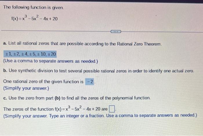 Solved The following function is given. f(x)=x3−5x2−4x+20 a. | Chegg.com