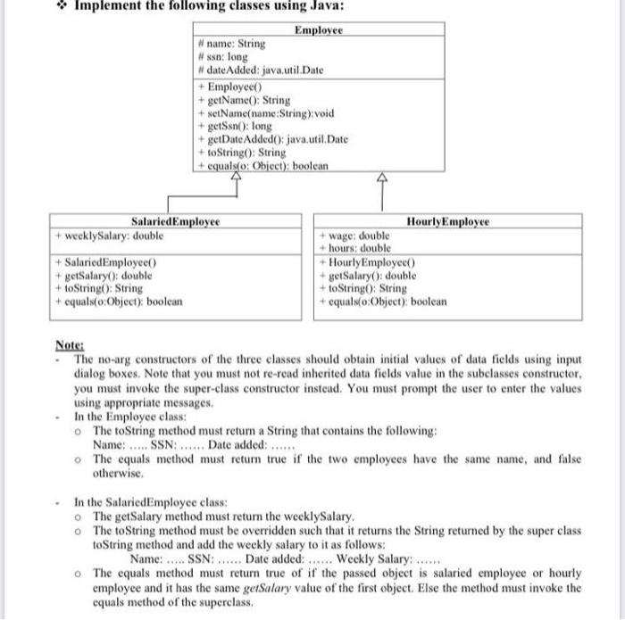 Solved • Implement the following classes using Java: | Chegg.com