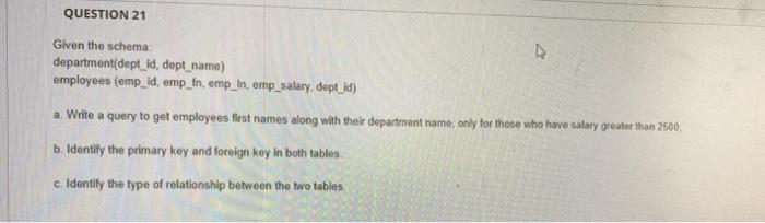 Solved QUESTION 21 Given the schema: department(dept_id, | Chegg.com
