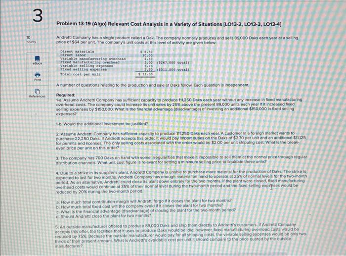 Solved Problem 13-19 (Algo) Relevant Cost Analysis in a | Chegg.com