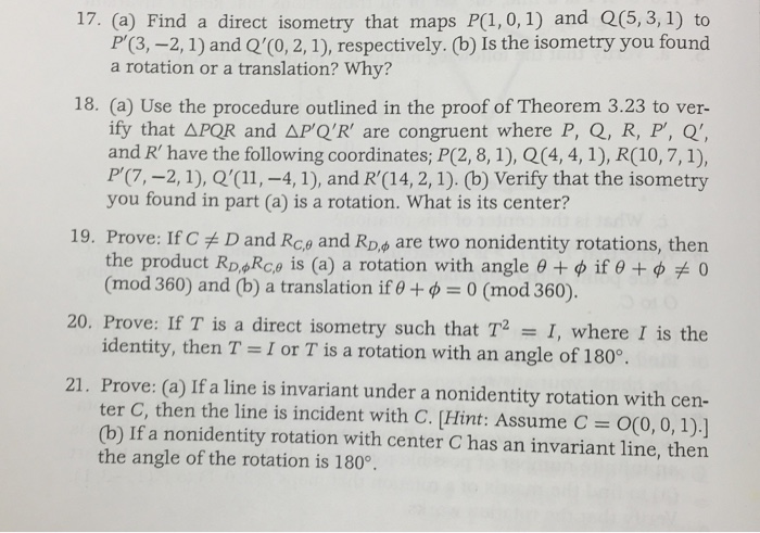17. (a) Find a direct isometry that maps P(1,0,1) and | Chegg.com