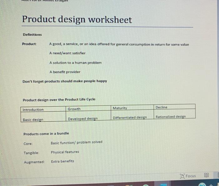 Solved Product design worksheet Definitions Product A good, | Chegg.com