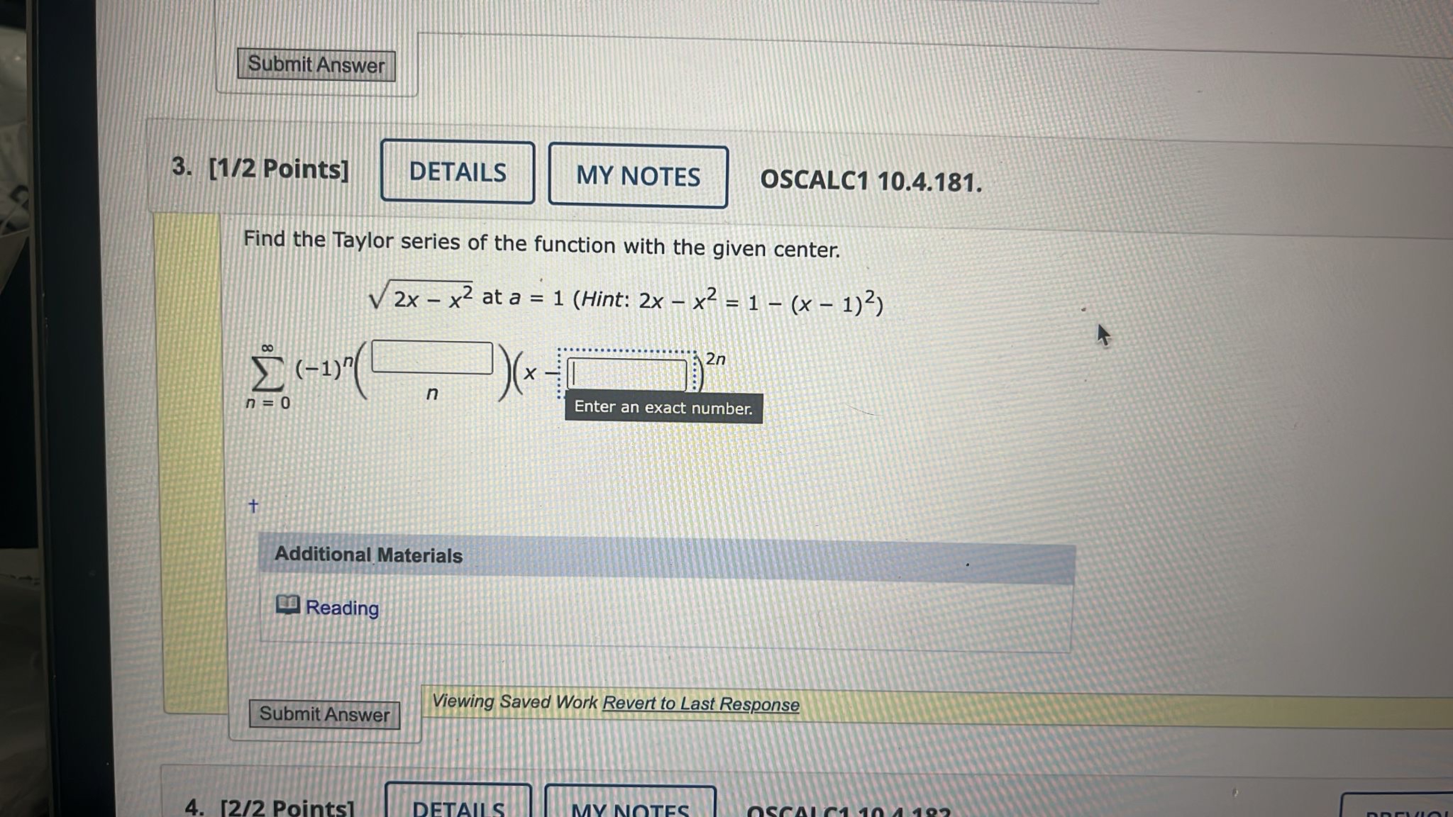 Solved Submit Answer3. [1/2 ﻿Points]OSCALC1 10.4.181.Find | Chegg.com