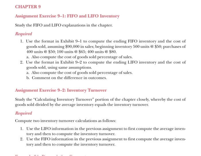 Assignment Exercise 9-1: FIFO and LIFO Inventory | Chegg.com