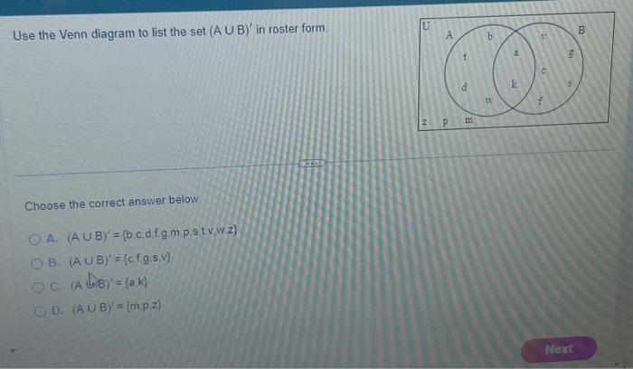Solved Use the Venn diagram to list the set (A U B)' in | Chegg.com
