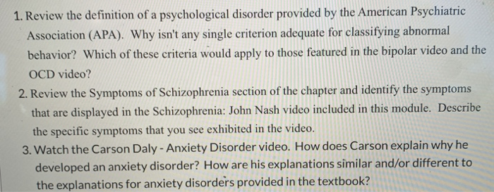 Solved 1. Review the definition of a psychological disorder | Chegg.com