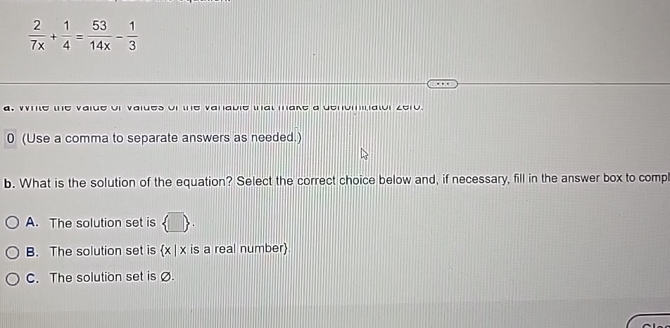 Solved 27x+14=5314x-13a. ﻿vville uIE vaIue UI values UI llie | Chegg.com