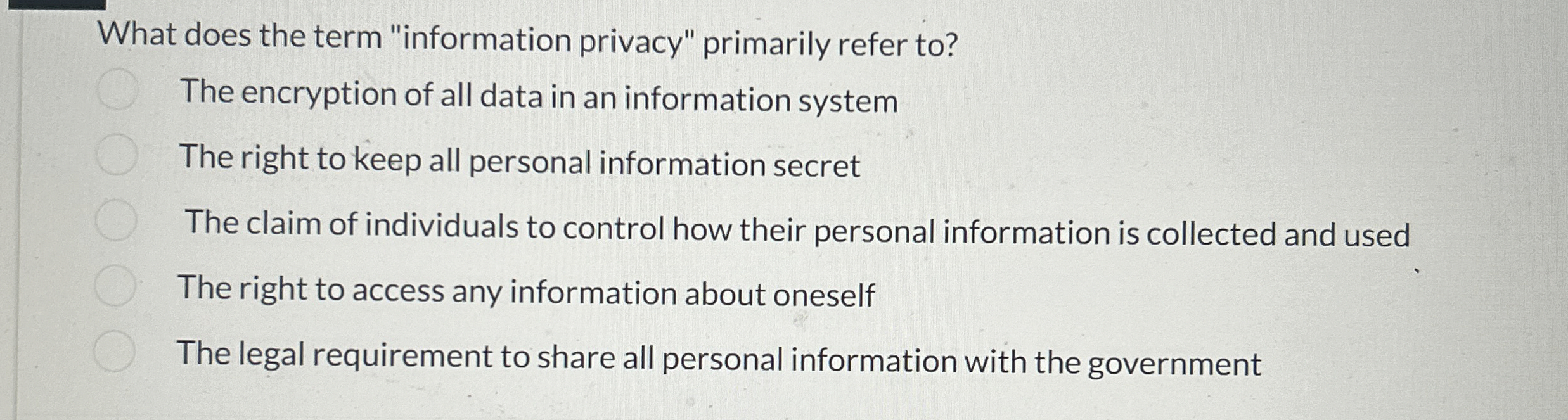 Solved What does the term "information privacy" primarily | Chegg.com