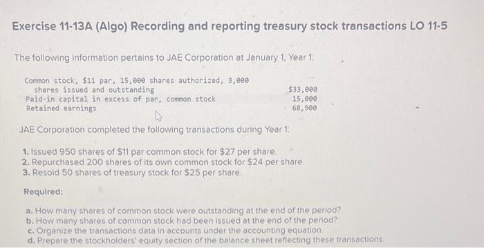 Solved Exercise 11-13A (Algo) Recording and reporting | Chegg.com