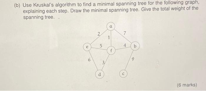 Solved (b) Use Kruskal's algorithm to find a minimal | Chegg.com